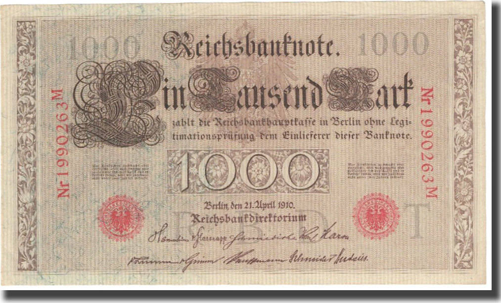 Germany 1000 Mark 1910 Banknote, 1910-04-21, KM:44b AU(55-58) | MA-Shops