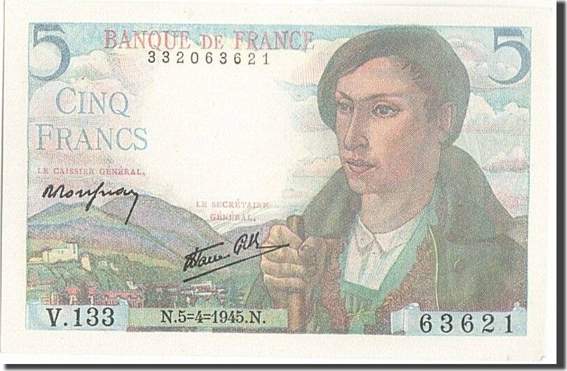 France 5 Francs 1945 Banknote, 5 F 1943-1947 ''Berger'', 1945-04-05 UNC ...