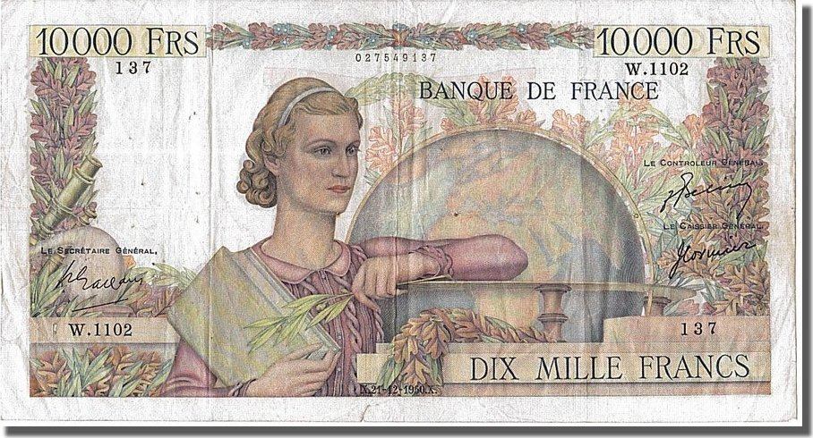 France 10,000 Francs 1950 Banknote, 10 000 F 1945-1956 ''Génie Français ...