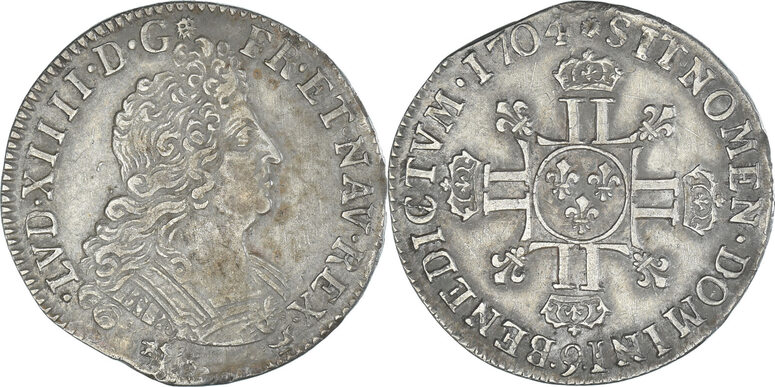 France 1/4 Ecu aux 8 L 1704 Rennes Coin, Louis XIV, Rennes, Silver AU ...