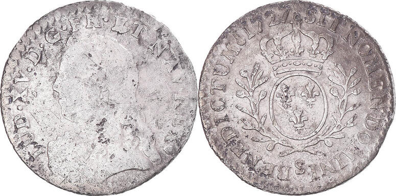 France 1/2 Ecu 1727 Rennes Coin, Louis XV, 1/20 Ecu aux branches d ...