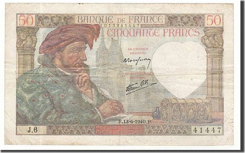 France 50 Francs 1940 Banknote, 1940-06-13, Fayette:19.1, KM:93 VF(30 ...