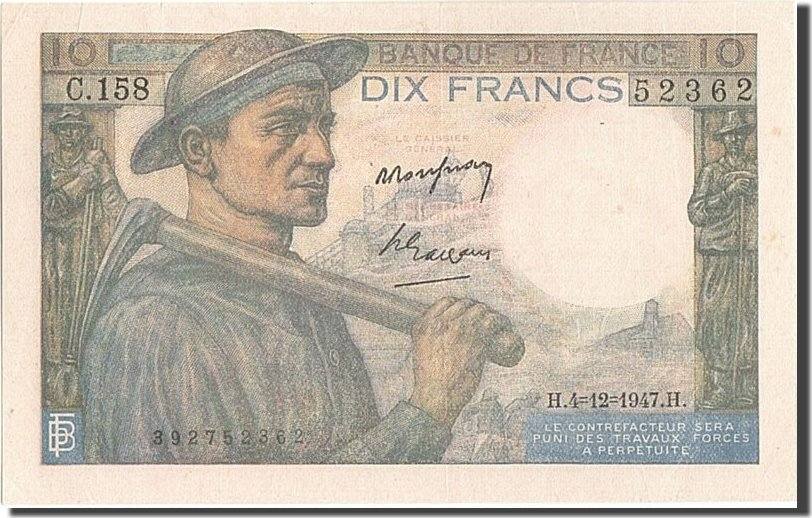 France 10 Francs 1947 Banknote, 10 F 1941-1949 ''Mineur'', 1947-12-04 ...
