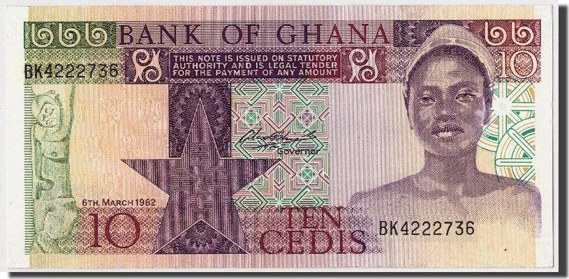 Ghana 10 Cedis 1982 Banknote, 1982-03-06, KM:20d UNC(65-70) | MA-Shops