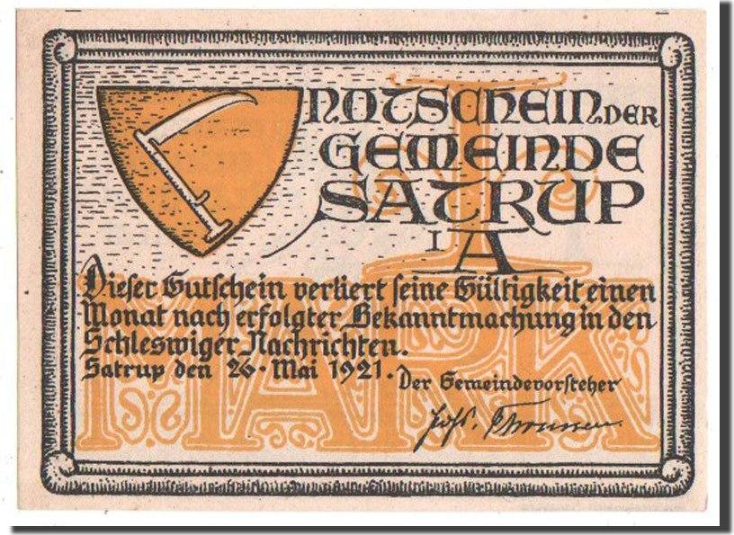 Germany 1 Mark 1921 Banknote, Satrup, Mehl:1169.1c UNC(63) | MA-Shops