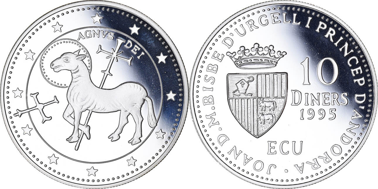 Andorra 10 Diners 1995 Coin, Agnus Dei, Proof, Silver, KM:114 MS(65-70 ...