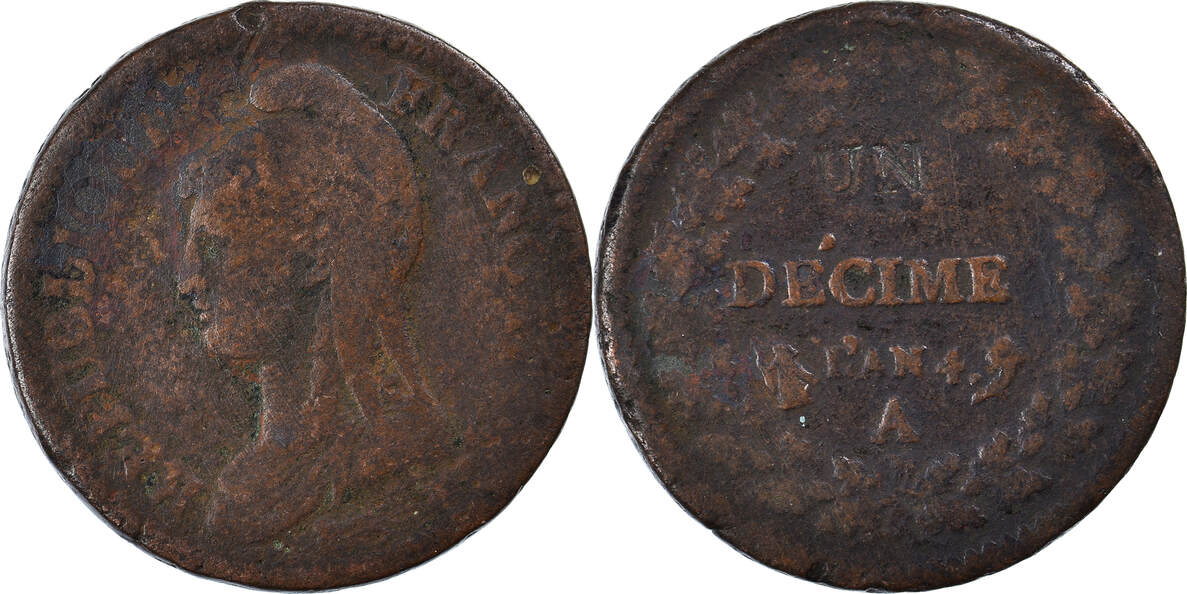 France Decime AN 4 A Coin, Dupré, Paris, Modification du 2 décimes F(12 ...