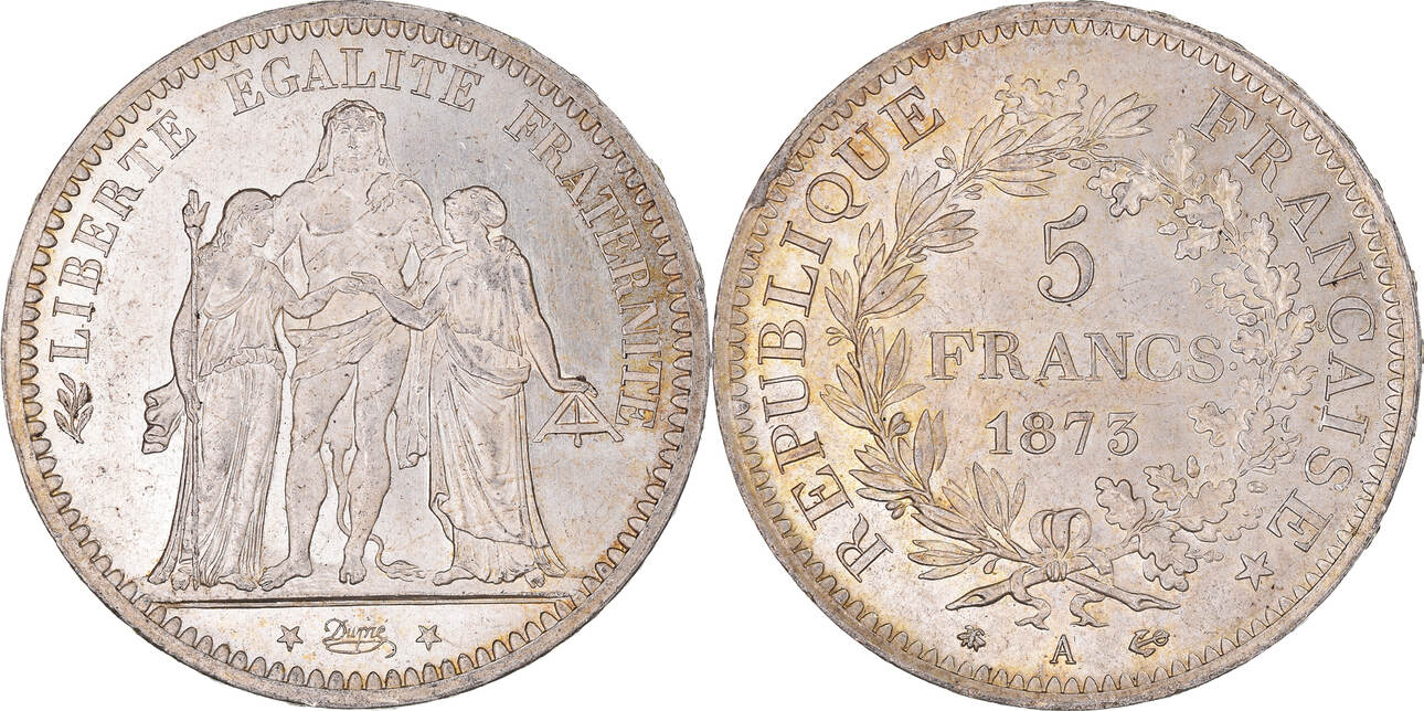 France 5 Francs 1873 A Coin, Hercule, Paris, Silver, KM:820.1 MS(63) | MA-Shops