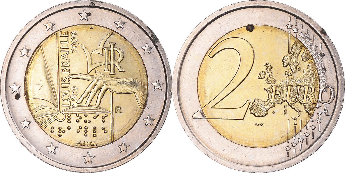Italy 2 Euro 2009 R Rome, LOUIS BRAILLE., Bi-Metallic, KM:310 EF(40-45 ...