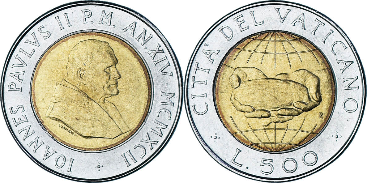 VATICAN CITY 500 Lire 1992 Coin, John Paul II, Bi-Metallic, KM:241 MS ...