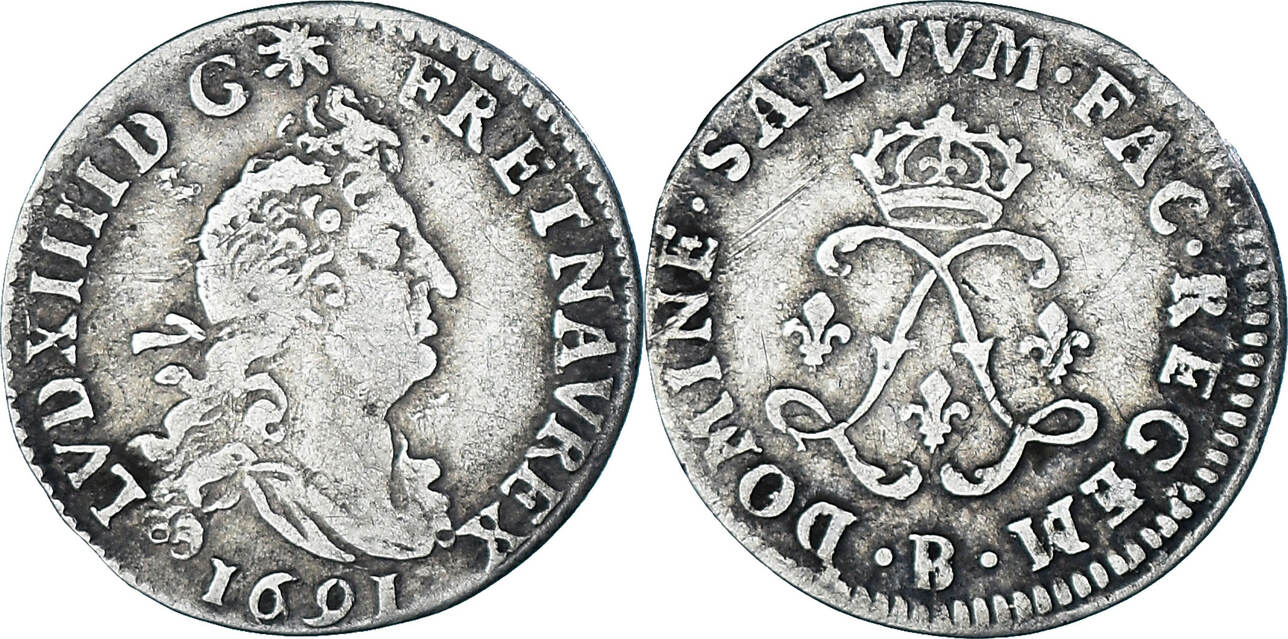 France 4 Sols 2 Deniers 1691 B Coin, Louis XIV, 4 Sols aux 2 L, Rouen ...