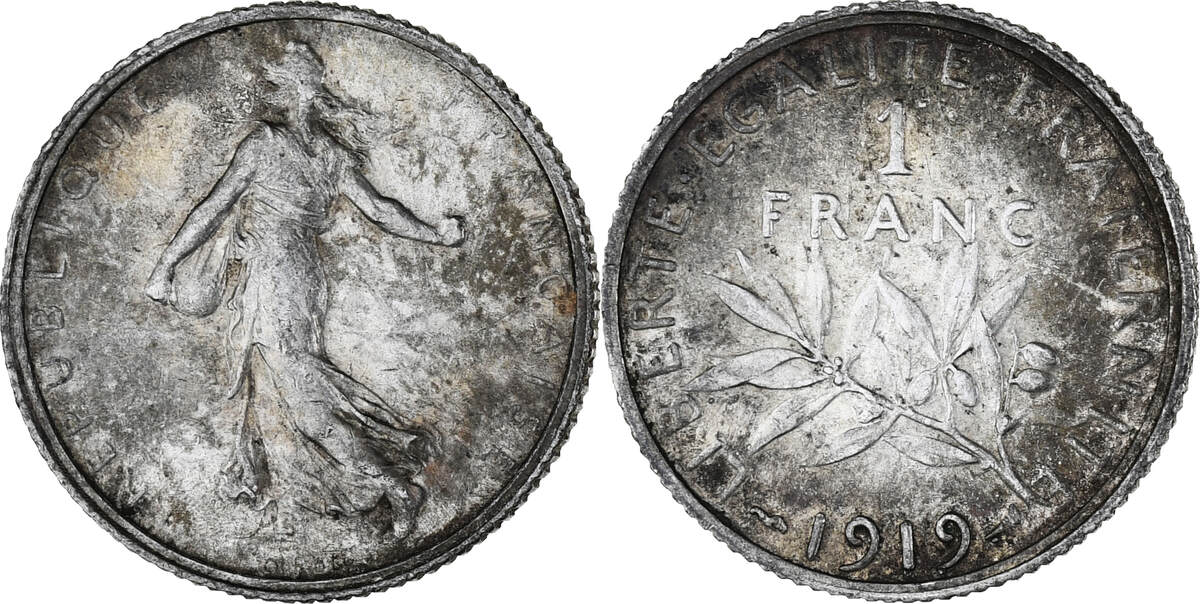 France Franc 1919 Paris Coin, Semeuse, Paris, Silver, KM:844.1 EF(40-45) | MA-Shops