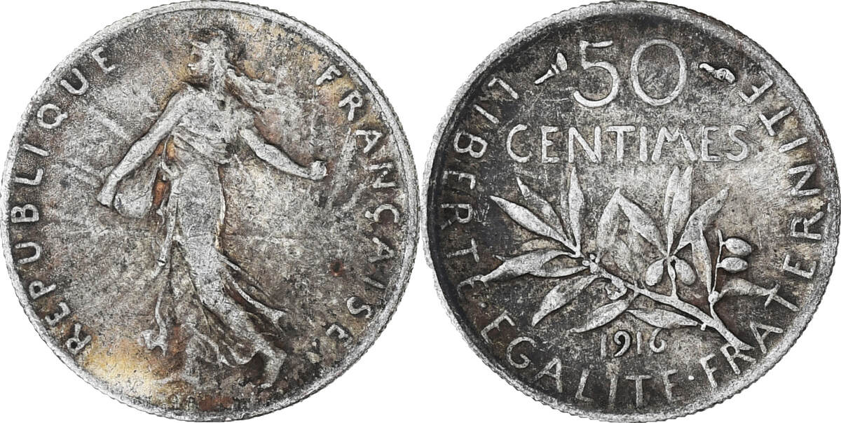 France 50 Centimes 1916 Paris Coin, Semeuse, Paris, Silver, KM:854 EF(40-45) | MA-Shops