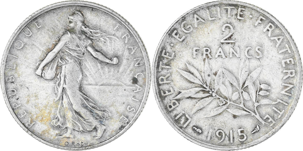 France 2 Francs 1915 Paris Coin, Semeuse, Paris, Silver, KM:845.1 AU(50-53) | MA-Shops