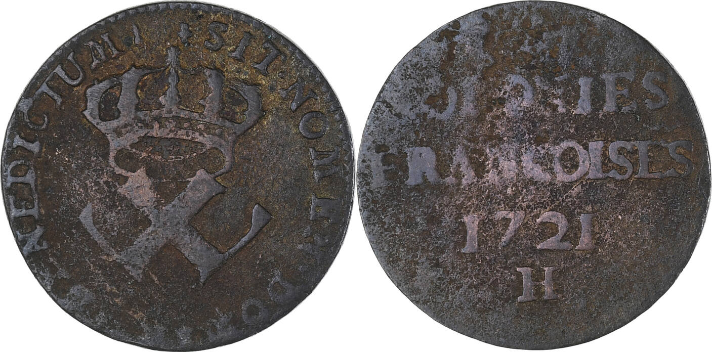 FRENCH COLONIES 9 Deniers 1721 H Coin, La Rochelle, Copper, KM:5.2 VF ...