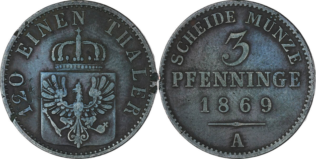 German States 3 Pfennig 1869 A Coin, PRUSSIA, Wilhelm I, Copper EF(40 ...