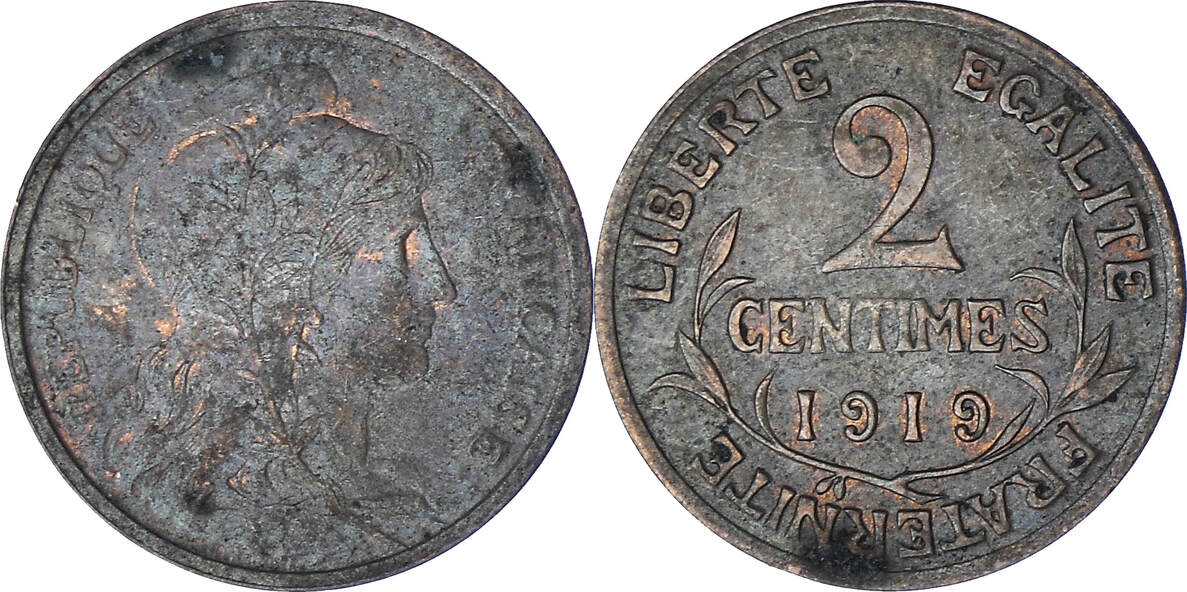 France 2 Centimes 1919 Paris Coin, Dupuis, Paris, Bronze, KM:841 VF(30 ...