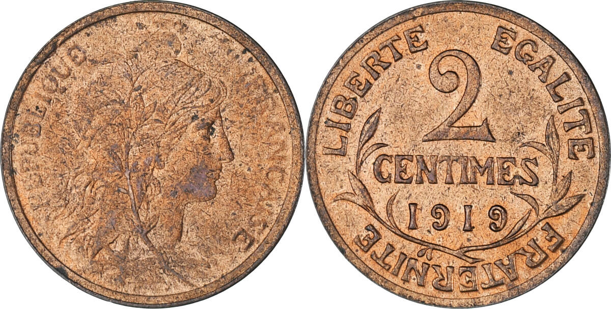 France 2 Centimes 1919 Paris Coin, Dupuis, Paris, Bronze, KM:841 AU(55 ...