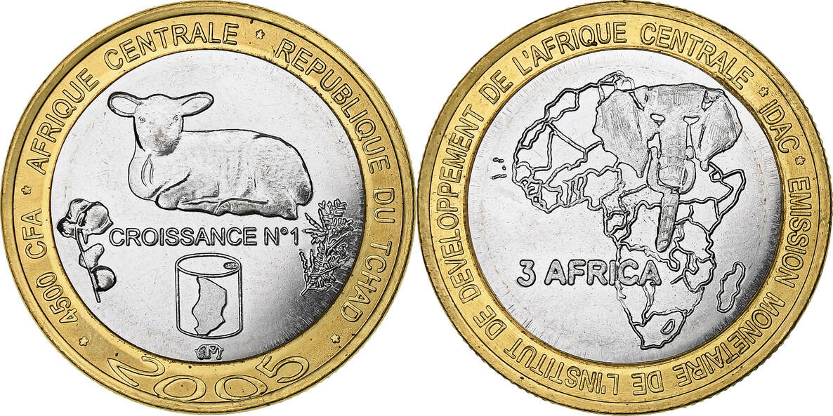 Chad 4500 CFA Francs-3 Africa 2005 Bi-Metallic MS(63) | MA-Shops