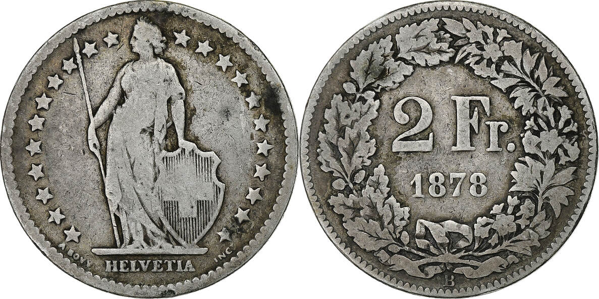 Switzerland 2 Francs 1878 B Bern, Silver, KM:21 VF(20-25) | MA-Shops