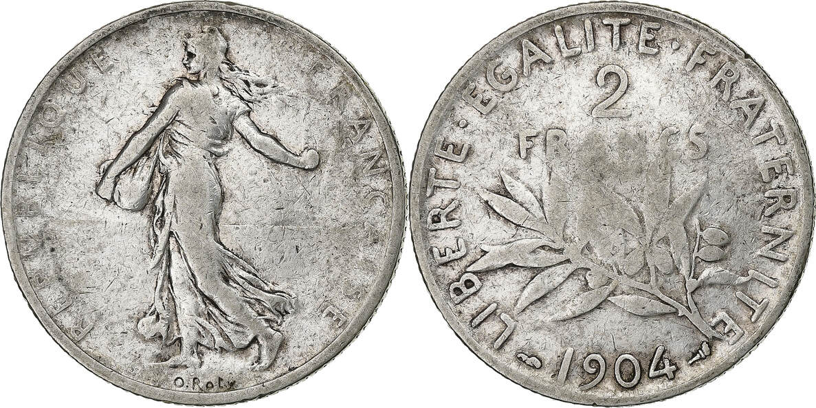 France 2 Francs 1904 Paris Semeuse, Paris, Silver, Gadoury:532, KM:845.1 VF(30-35) | MA-Shops