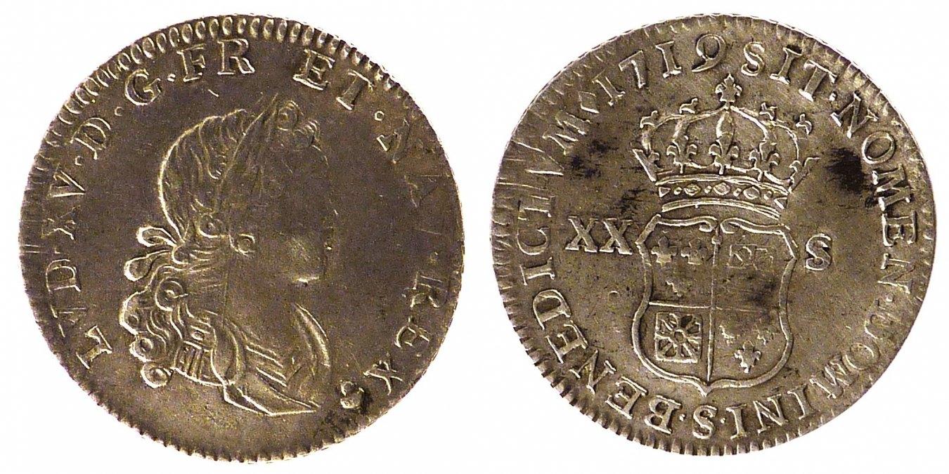 20 Sols, 1/6 ECU 1719 S Coin, Louis XV, 1/6 Écu (XX – S) de France ...