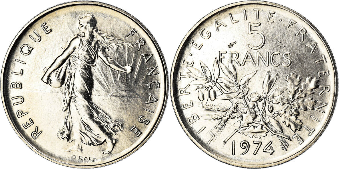 France 5 Francs 1974 Paris Coin, Semeuse, Paris, FDC, Nickel Clad MS(65-70) | MA-Shops