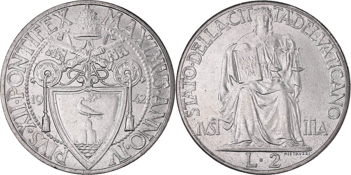 VATICAN CITY 2 Lire 1942 Coin, Pius XII, Stainless Steel, KM:36 MS(60-62) | MA-Shops