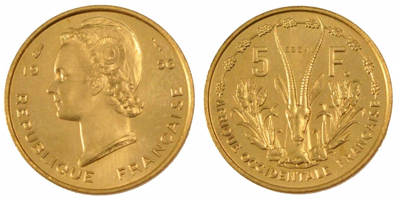 French West Africa 5 Francs 1956 (a) Coin, Aluminum-Bronze MS(65-70) | MA-Shops