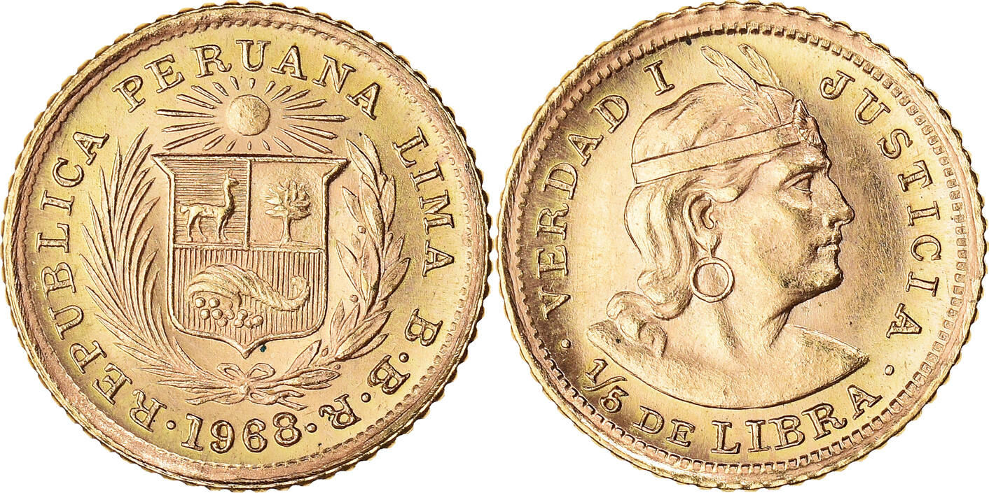 Peru 1/5 Libra, Pound 1968 Lima Coin, Lima, Gold, KM:210 AU(55-58) | MA ...