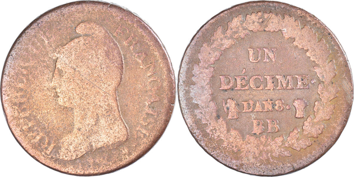 France Decime AN 8 BB Coin, Dupré, Strasbourg, Bronze, KM:644.4 VF(20 ...