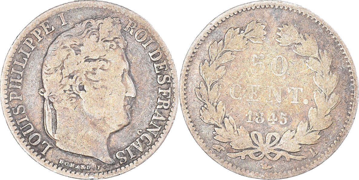 France 1/2 Franc 1845 B Coin, Louis-Philippe, Rouen, Silver F(12-15 ...
