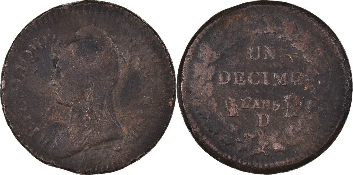 France Decime 1793 / AN 5 D Coin, Dupré, Lyon, Bronze, KM:645.5 VF(20 ...