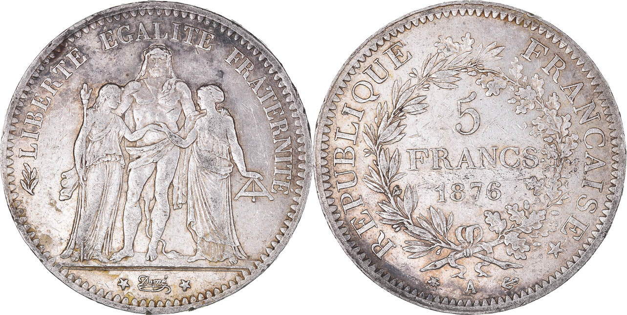 France 5 Francs 1876 A Coin, Hercule, Paris, Silver, KM:820.1 EF(40-45 ...