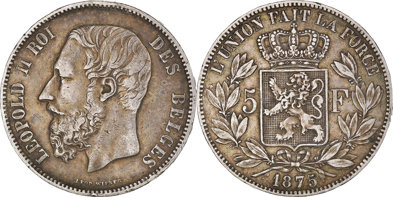Belgium 5 Francs, 5 Frank 1875 Coin, Leopold II, Silver, KM:24 EF(40-45 ...