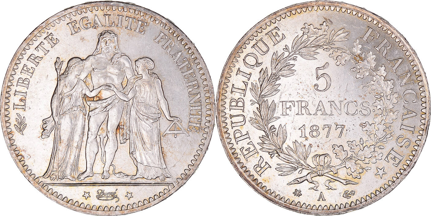 France 5 Francs 1877 A Coin, Hercule, Paris, Rare in this quality, MS ...