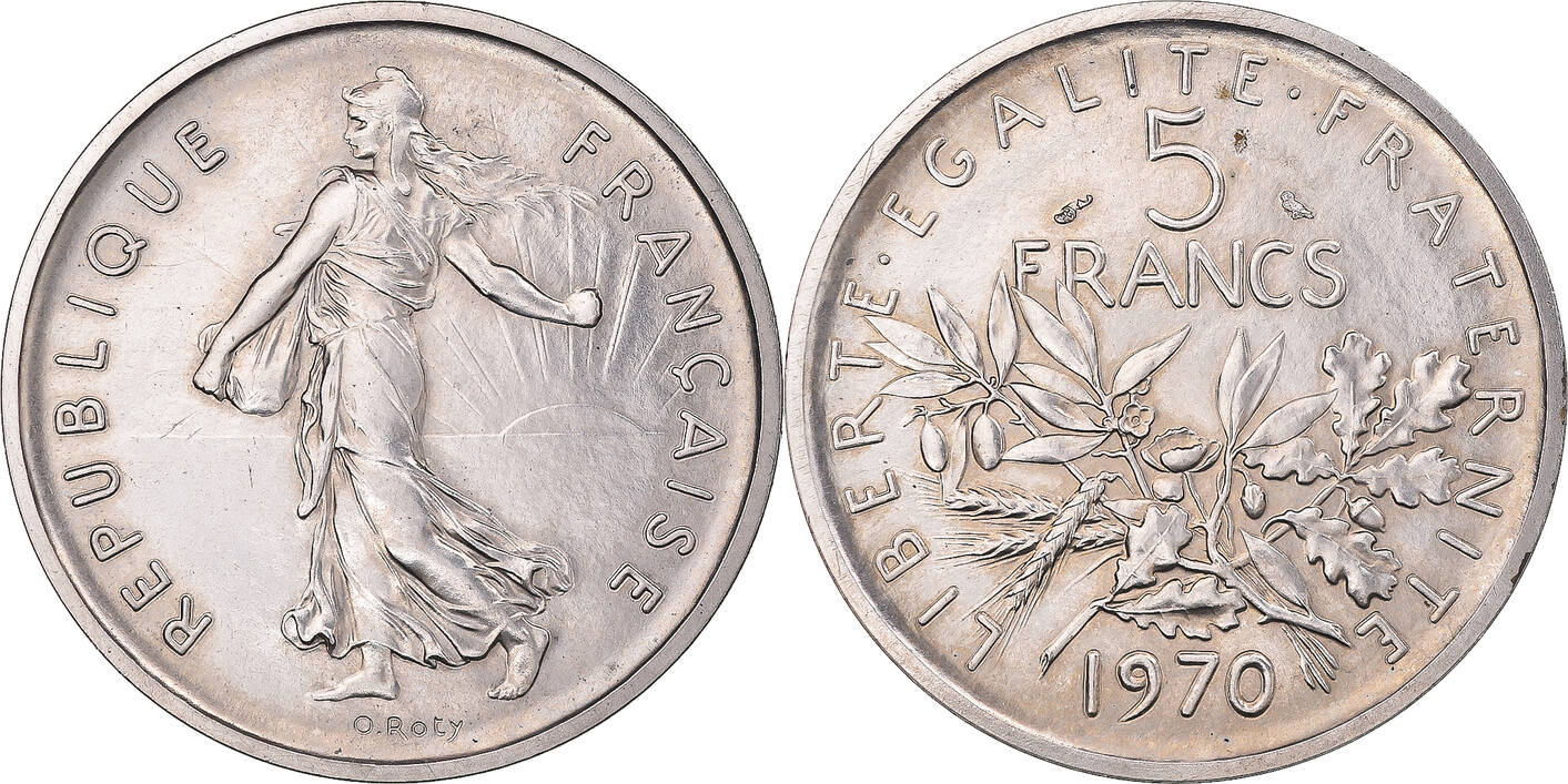 France 5 Francs 1970 Paris Coin, Semeuse, Paris, Piéfort, Nickel Clad ...