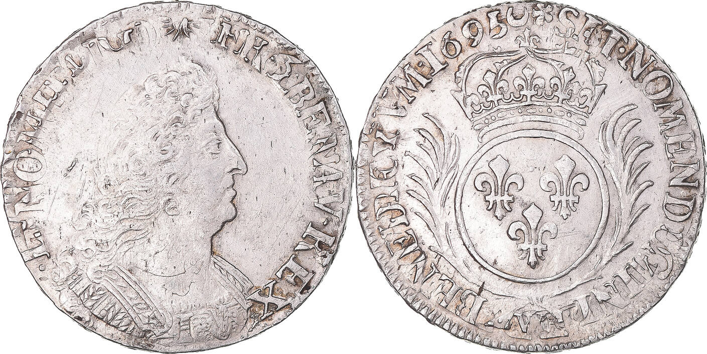 France 1/2 Ecu 1695 W Coin, Louis XIV, 1/2 Écu aux palmes, Lille, Rare ...