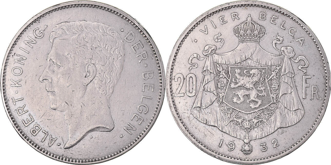 Belgium 20 Francs, 20 Frank 1932 Brussels Coin, Albert I, Brussels, Tranche A EF(40-45) | MA-Shops