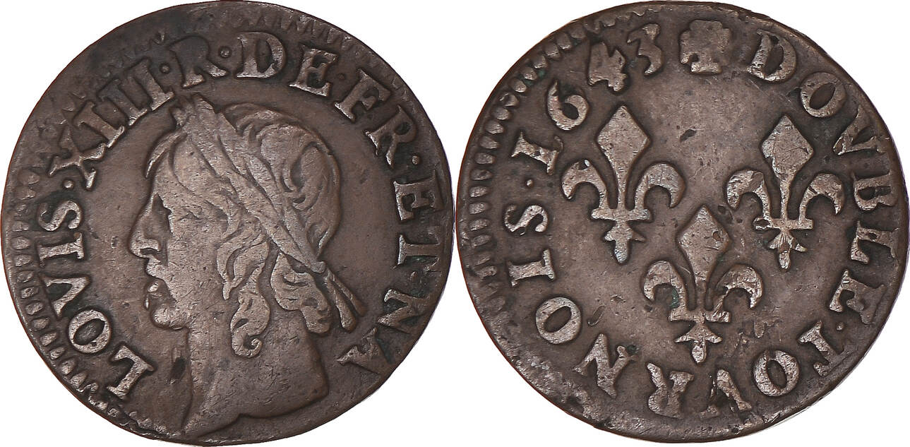 France 1643 D Coin, Louis XIII, Double tournois de Warin, tête à gauche ...