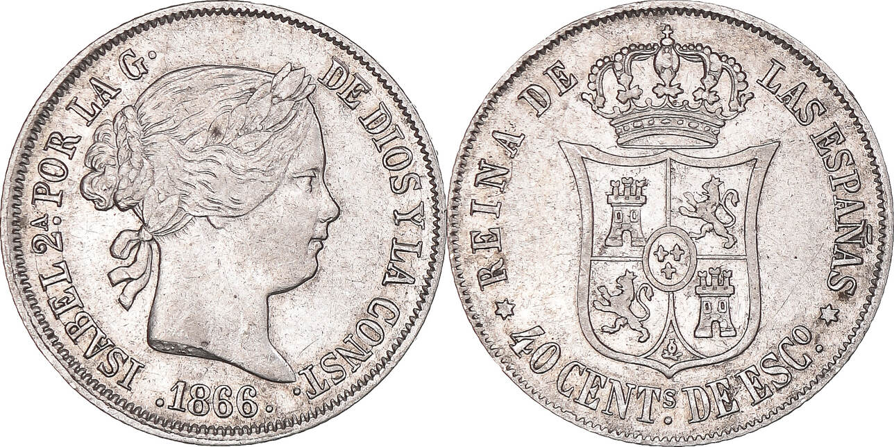 Spain 40 Centimos 1866 Madrid Coin, Isabel II, Madrid, Silver, KM:628.2 ...