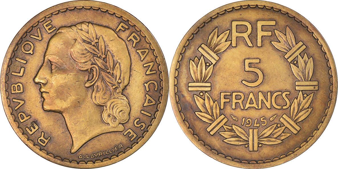 France 5 Francs 1945 Paris Coin, Lavrillier, Paris, Aluminum-Bronze EF ...