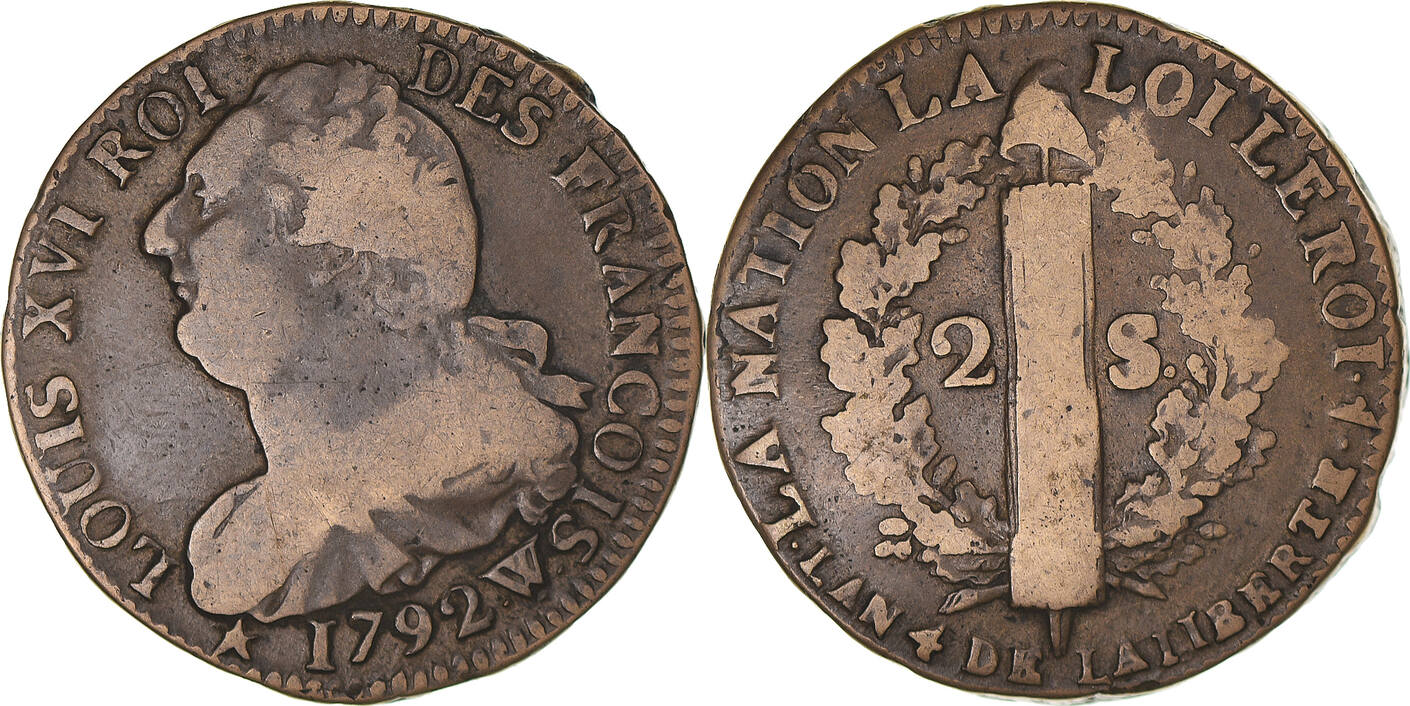 France 2 Sols 1792 Arras Coin, Louis XVI, Arras, An 4, Métal de cloche ...