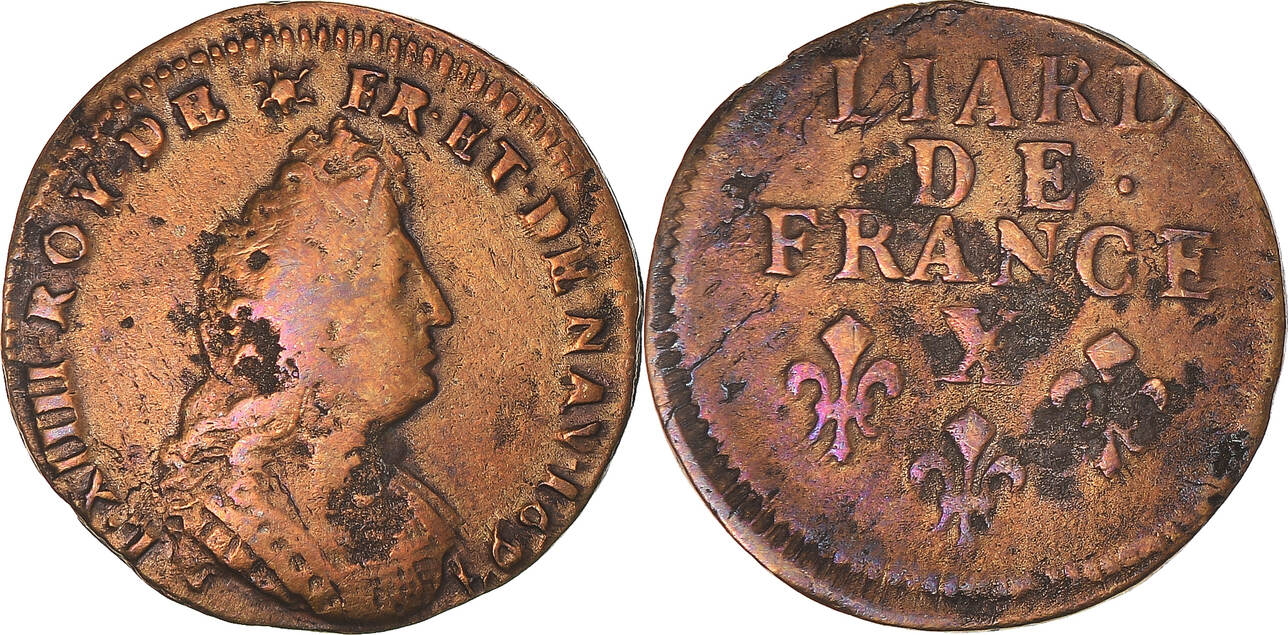 France Liard de France 1694 Amiens Coin, Louis XIV, Amiens, Copper VF ...