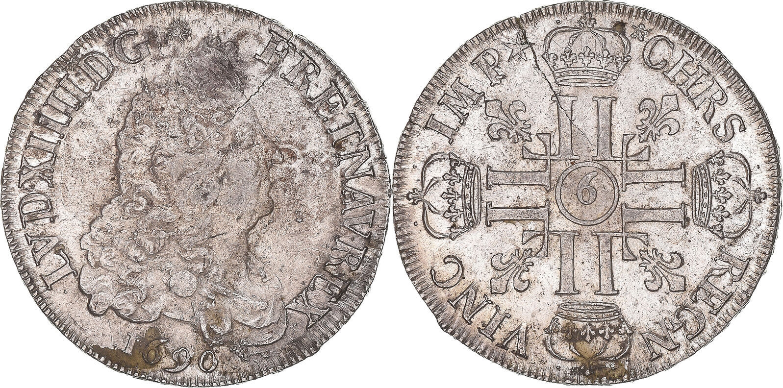 France Ecu 1690 Rennes Coin, Louis XIV, Écu aux 8 L, Rennes, Flan ...