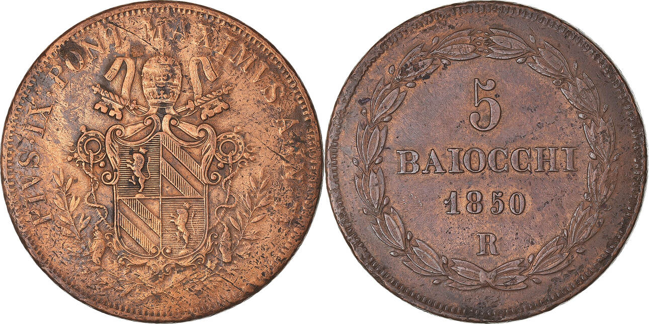 ITALIAN STATES 5 Baiocchi 1850 R Coin, PAPAL STATES, Pius IX, Rome EF ...
