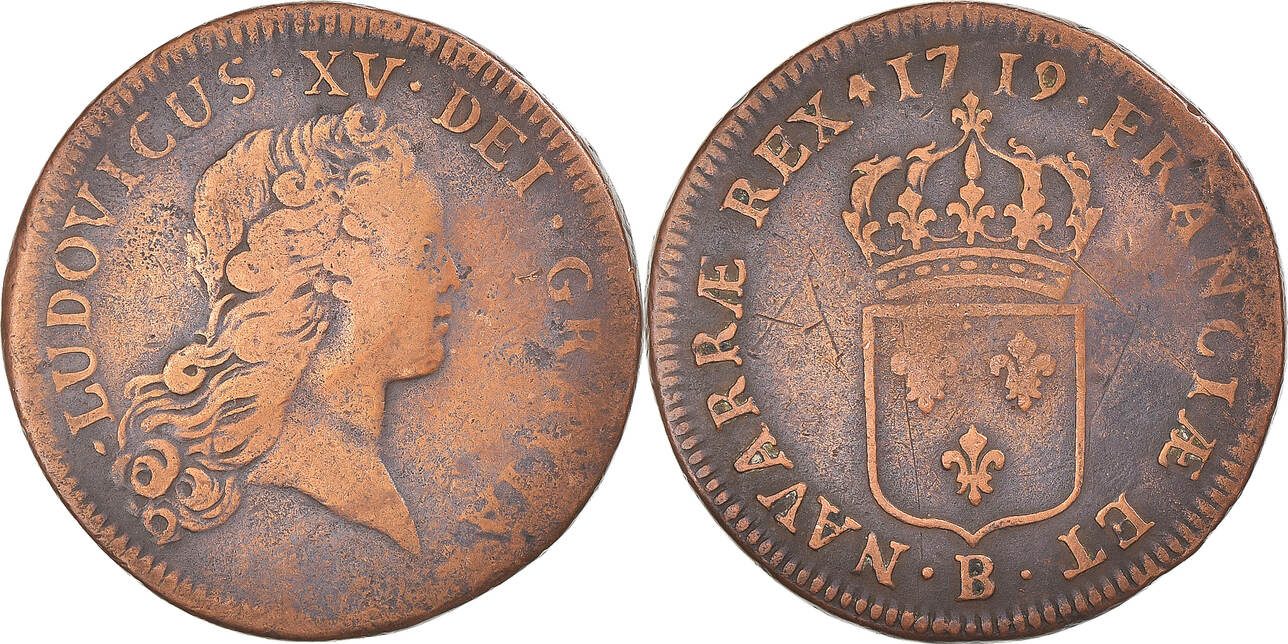 France 1719 B Coin, Louis XV, Sol au buste enfantin, Rouen VF(20-25 ...