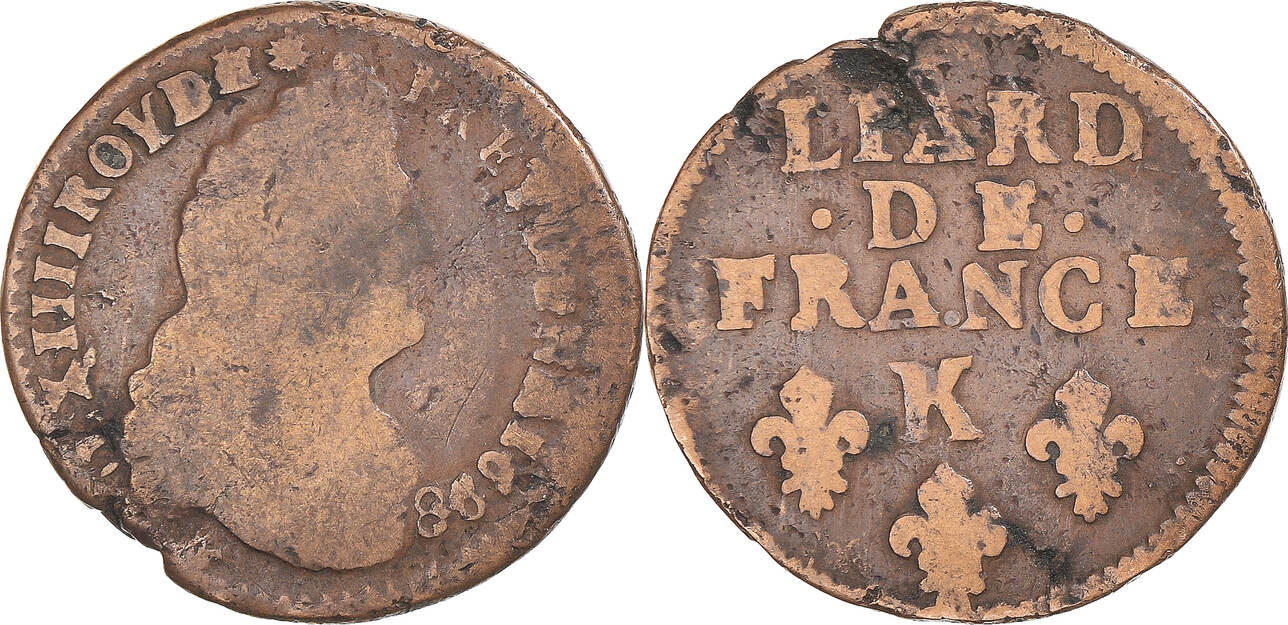 1698 K Coin, Louis XIV, Liard de France au buste âgé, troisième type VF ...