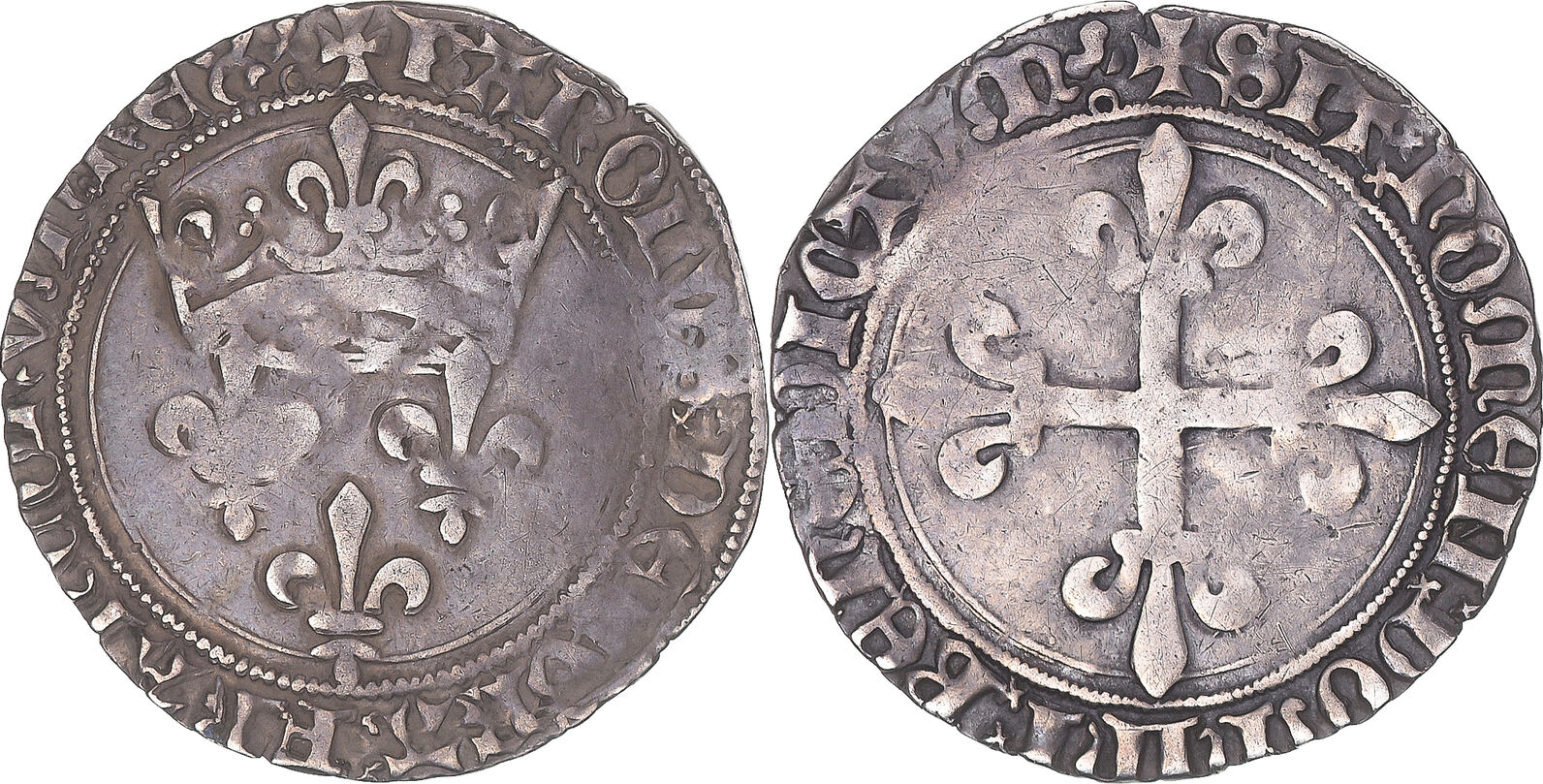 France Gros de Roi 1422-1461 Lyon Coin, Charles VII, Lyon, Billon AU(50 ...