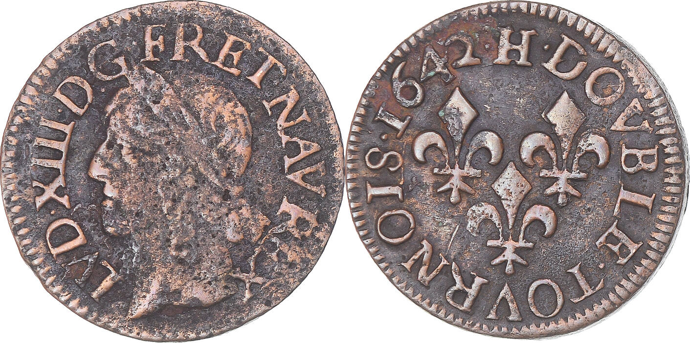 France 1642 H Coin, Louis XIII, Double tournois de Warin, tête à gauche ...